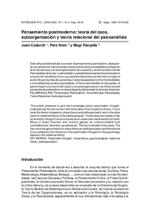 (PDF) Pensamiento postmoderno: teoría del caos, autoorganización y teoría relacional del ...
