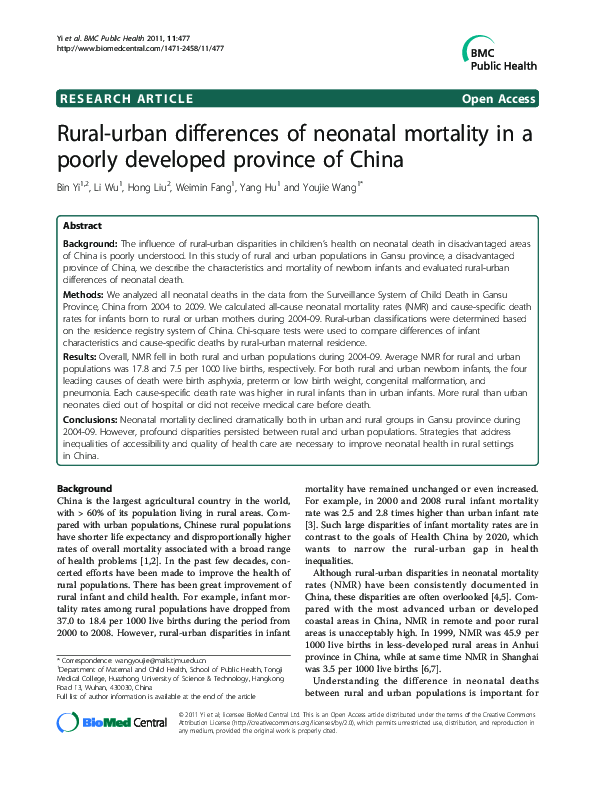 (PDF) Rural-urban differences of neonatal mortality in a poorly ...