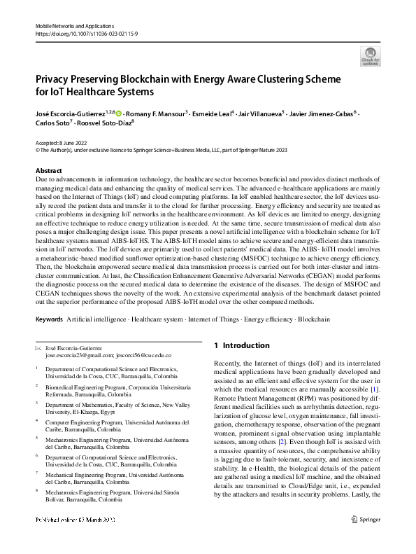 (PDF) Privacy Preserving Blockchain with Energy Aware Clustering Scheme for IoT Healthcare Systems