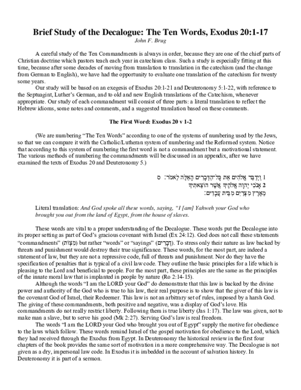 (PDF) Brief Study of the Decalogue: The Ten Words, Exodus 20:1-17