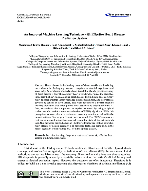 Pdf An Improved Machine Learning Technique With Effective Heart Disease Prediction System