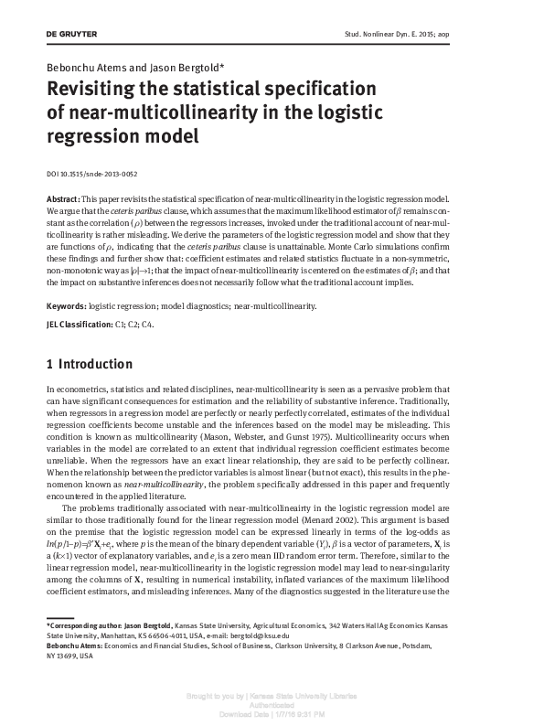 Pdf Revisiting The Statistical Specification Of Near Multicollinearity In The Logistic