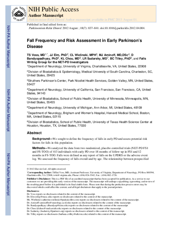 (PDF) Fall frequency and risk assessment in early Parkinson's disease