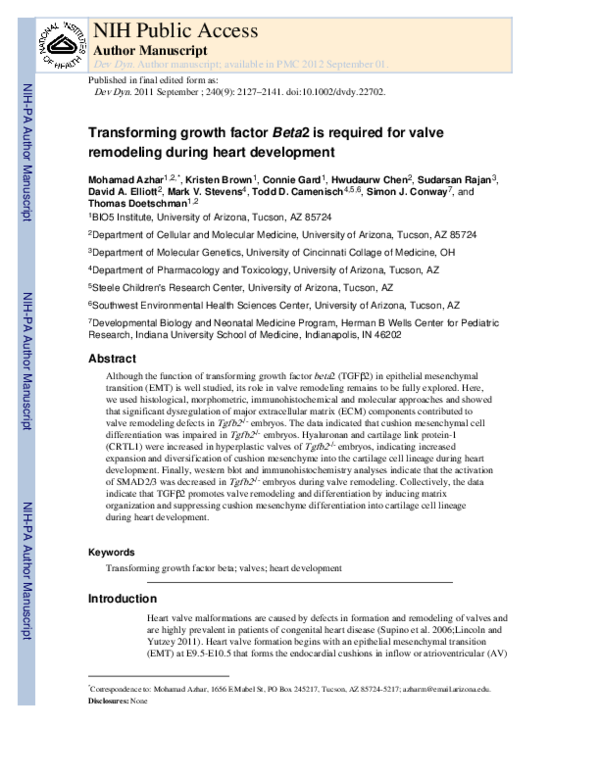 (PDF) Transforming growth factor Beta2 is required for valve remodeling during heart development ...