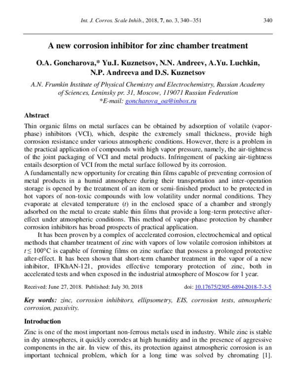 (PDF) A new corrosion inhibitor for zinc chamber treatment