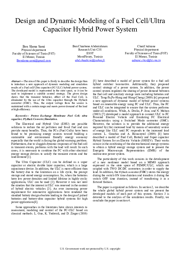 (PDF) Design and dynamic modeling of a fuel cell/ultra capacitor hybrid power system