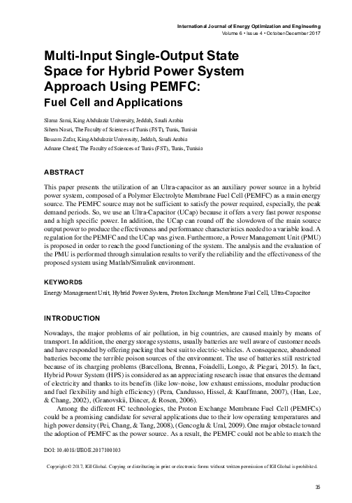 Pdf Multi Input Single Output State Space For Hybrid Power System Approach Using Pemfc