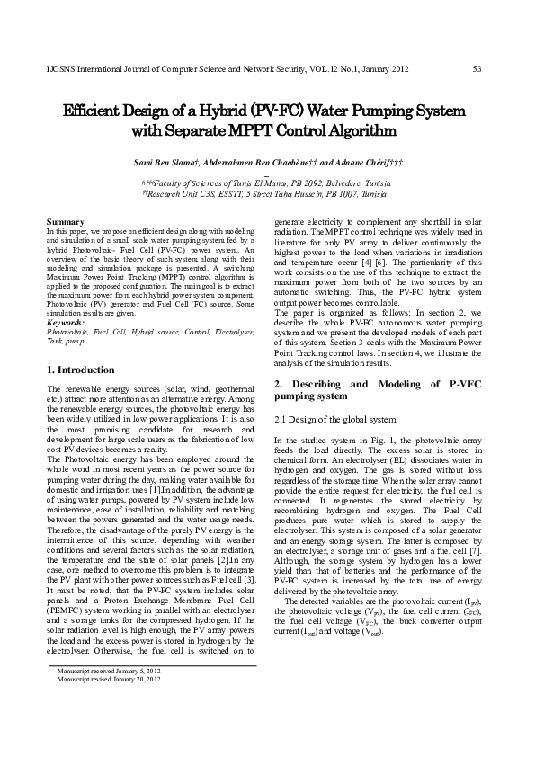 Pdf Efficient Design Of A Hybrid Pv Fc Water Pumping System With Separate Mppt Control Algorithm