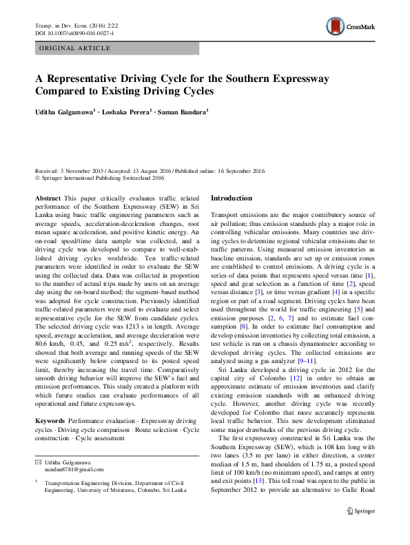 (PDF) A Representative Driving Cycle for the Southern Expressway ...