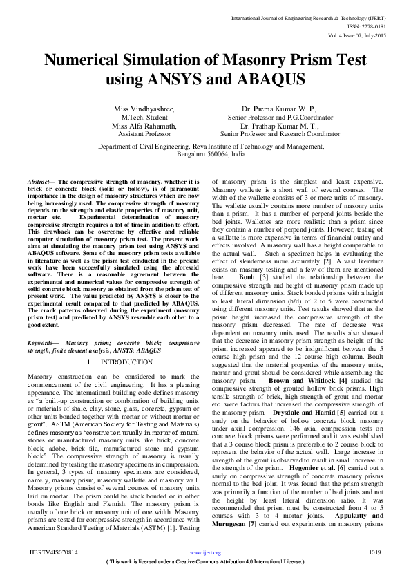(PDF) Numerical Simulation of Masonry Prism Test using ANSYS and ABAQUS