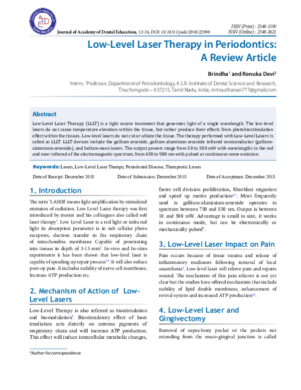 (PDF) Low-Level Laser Therapy in Periodontics: A Review Article