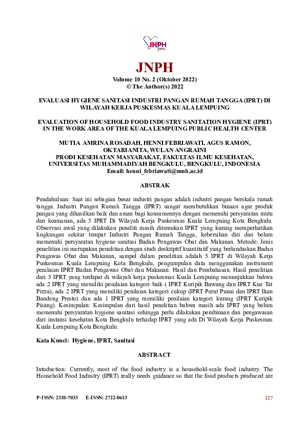 (PDF) Evaluasi Hygiene Sanitasi Industri Pangan Rumah Tangga (Iprt) DI Wilayah Kerja Puskesmas ...