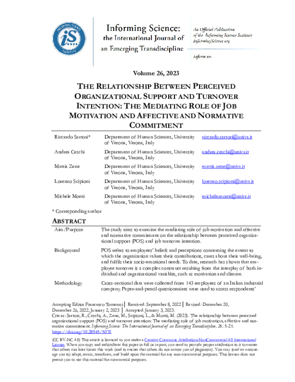 (PDF) The Relationship between Perceived Organizational Support (POS) and Turnover Intention ...