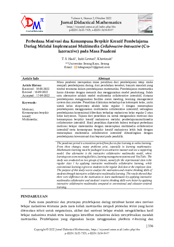 (PDF) Perbedaan Motivasi dan Kemampuan Berpikir Kreatif Pembelajaran ...