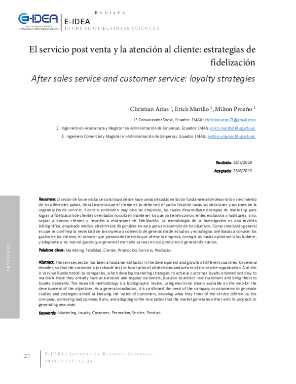(PDF) El servicio post venta y la atención al cliente: estrategias de fidelización
