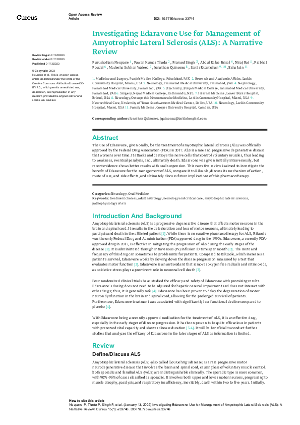 (PDF) Investigating Edaravone Use for Management of Amyotrophic Lateral ...