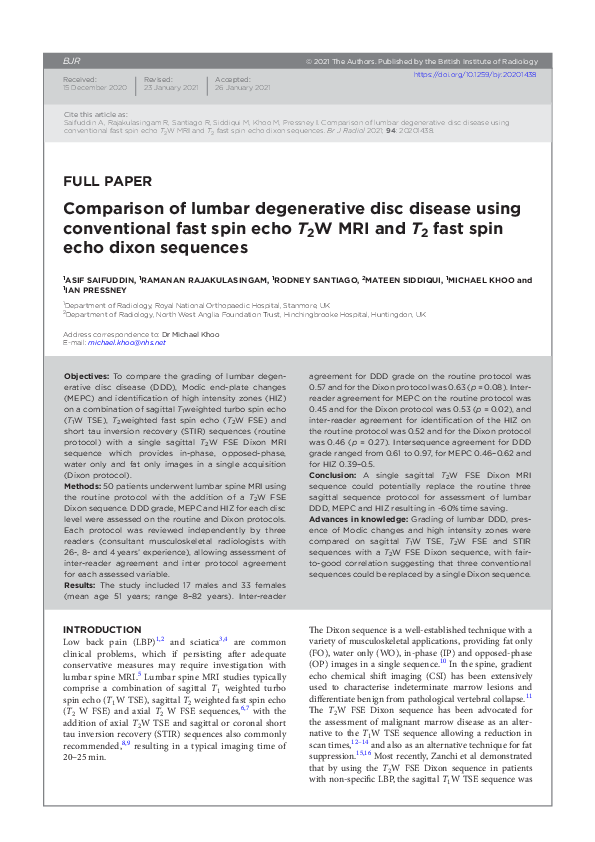 (PDF) Comparison of lumbar degenerative disc disease using conventional fast spin echo T2W MRI ...