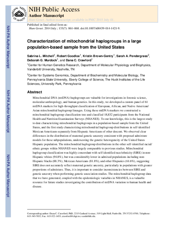 (PDF) Characterization of mitochondrial haplogroups in a large ...