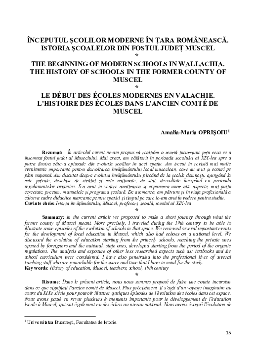 (PDF) ÎNCEPUTUL ȘCOLILOR MODERNE ÎN ȚARA ROMÂNEASCĂ. ISTORIA ȘCOALELOR ...