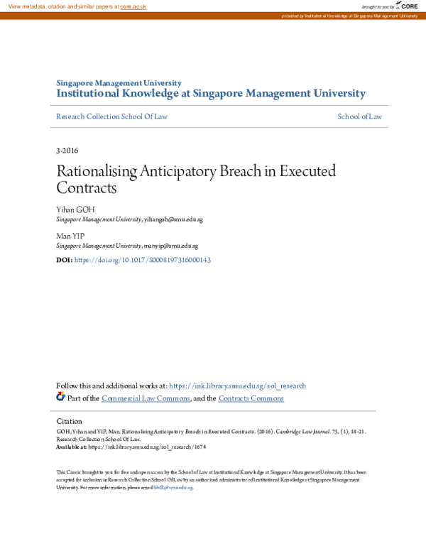 (PDF) Rationalising Anticipatory Breach in Executed Contracts