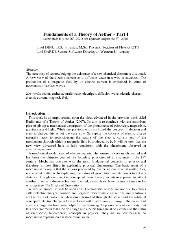 (PDF) Fundaments of a Theory of Aether – Part 1