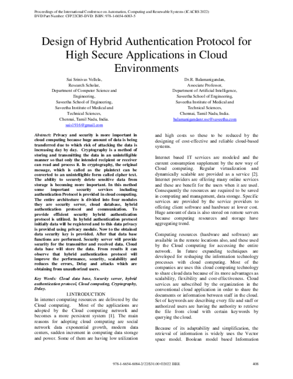 (PDF) Design of Hybrid Authentication Protocol for High Secure Applications in Cloud Environments