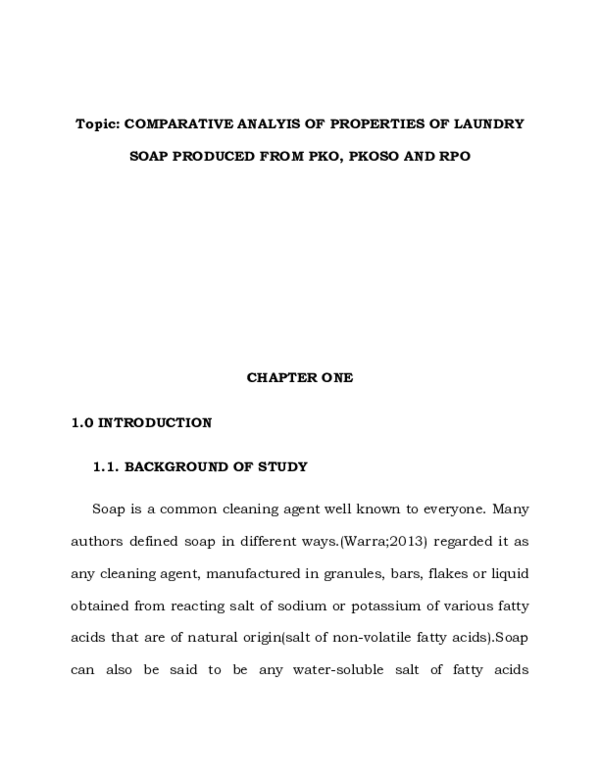 (DOC) Topic: COMPARATIVE ANALYIS OF PROPERTIES OF LAUNDRY SOAP PRODUCED FROM PKO, PKOSO AND RPO ...