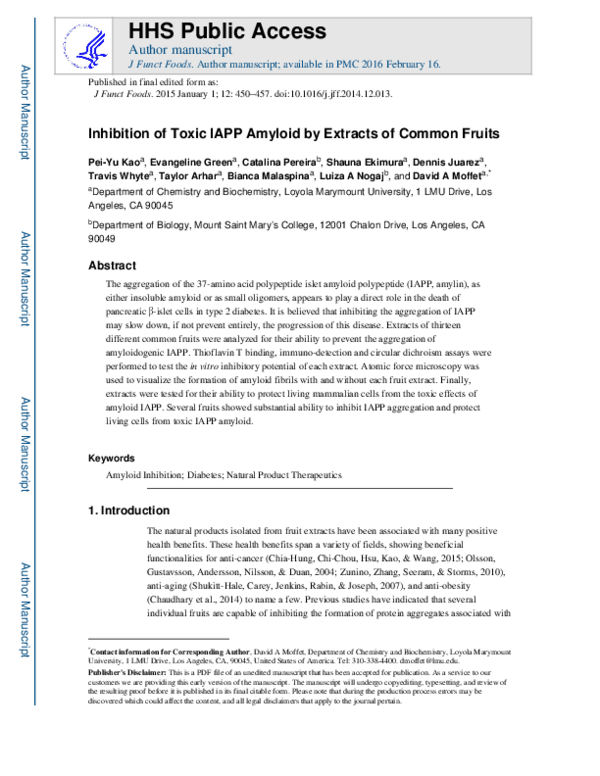(PDF) Inhibition of toxic IAPP amyloid by extracts of common fruits