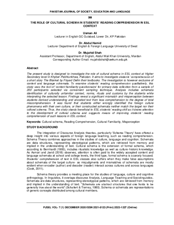 (PDF) THE ROLE OF CULTURAL SCHEMA IN STUDENTS' READING COMPREHENSION IN ESL CONTEXT