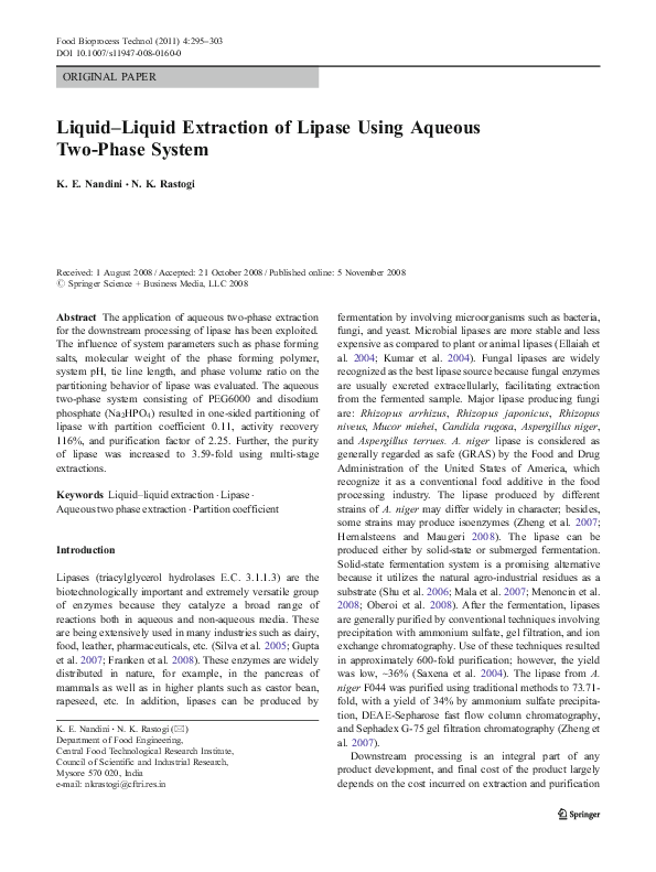 (PDF) Liquid-Liquid Extraction of Lipase Using Aqueous Two-Phase System