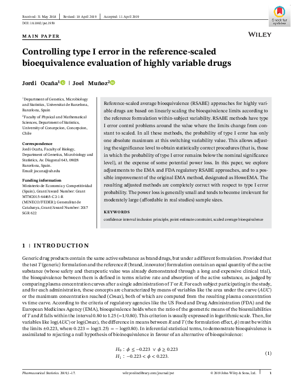 (PDF) Controlling type I error in the reference‐scaled bioequivalence evaluation of highly ...