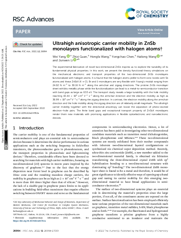 (PDF) Ultrahigh anisotropic carrier mobility in ZnSb monolayers ...