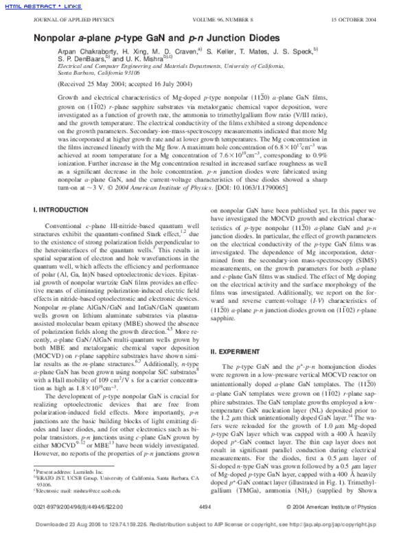 (PDF) Nonpolar a-plane p-type GaN and p-n Junction Diodes