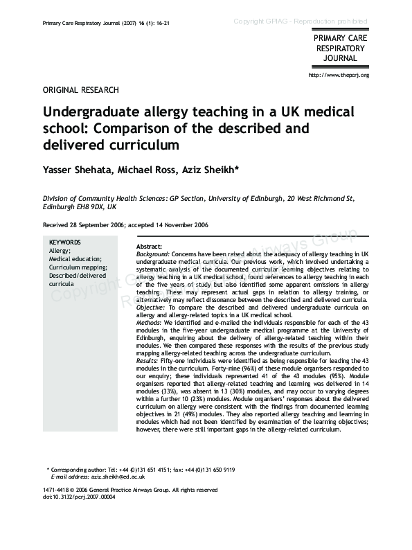 (PDF) Undergraduate allergy teaching in a UK medical school: Comparison ...