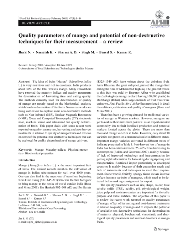 (PDF) Quality parameters of mango and potential of non-destructive techniques for their ...