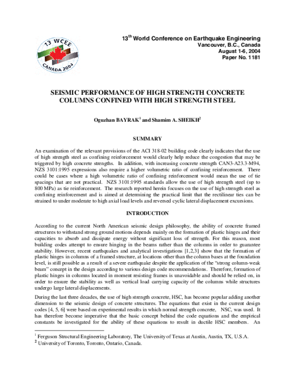 (PDF) Seismic Performance of High-Strength Concrete Columns