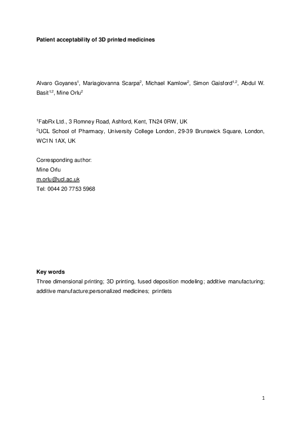 (PDF) Patient acceptability of 3D printed medicines