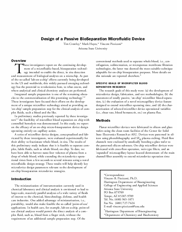 (PDF) Design of a Passive BioSeparation Microfluidic Device