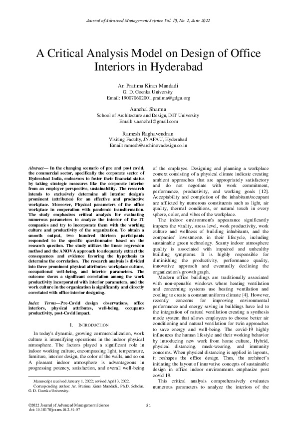 (PDF) A Critical Analysis Model on Design of Office Interiors in Hyderabad