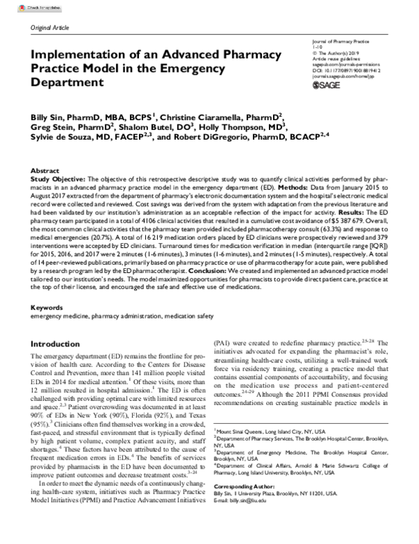 (PDF) Implementation of an Advanced Pharmacy Practice Model in the ...