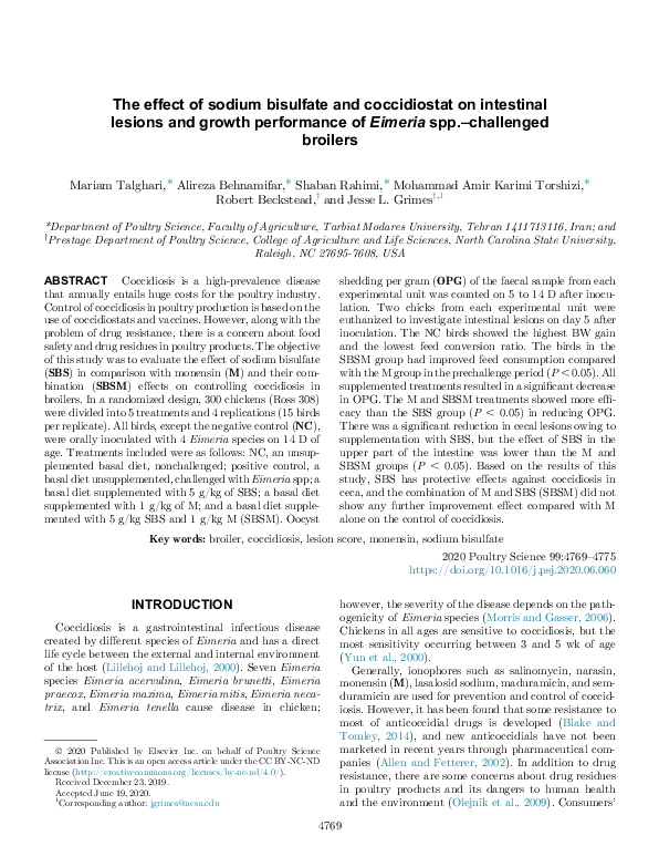 Pdf The Effect Of Sodium Bisulfate And Coccidiostat On Intestinal Lesions And Growth