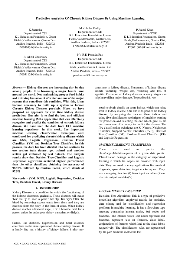 (PDF) Predictive Analytics Of Chronic Kidney Disease By Using Machine Learning
