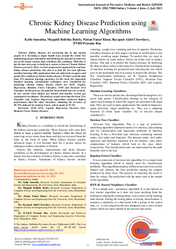 (PDF) Chronic Kidney Disease Prediction using Machine Learning Algorithms
