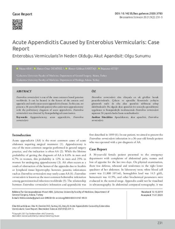 (PDF) Acute Appendicitis Caused by Enterobius Vermicularis: Case Report
