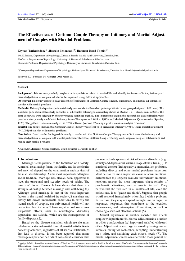 (PDF) The Effectiveness of Gottman Couple Therapy on Intimacy and ...