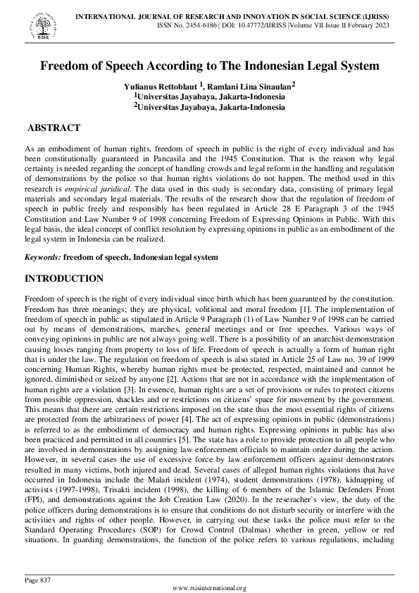 (PDF) Freedom of Speech According to The Indonesian Legal System