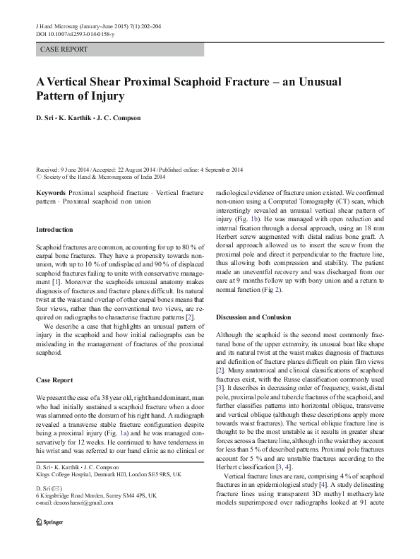 (PDF) A Vertical Shear Proximal Scaphoid Fracture – an Unusual Pattern ...