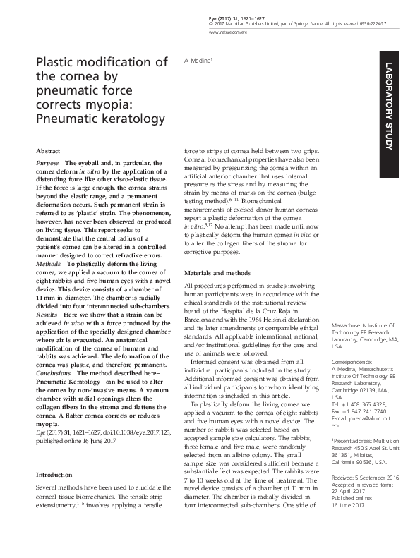 (PDF) Plastic modification of the cornea by pneumatic force corrects ...