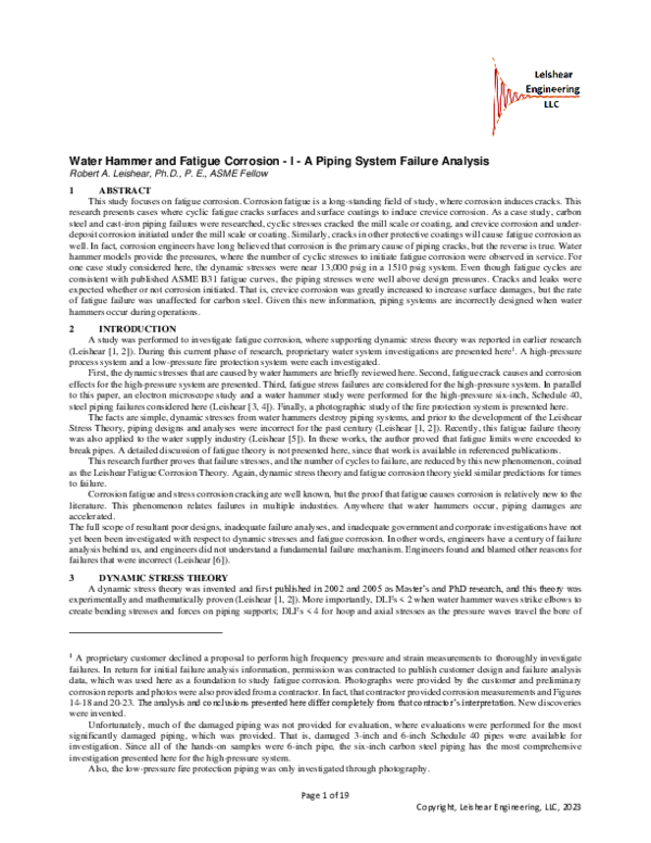 (PDF) Water Hammer and Fatigue Corrosion -I -A Piping System Failure ...