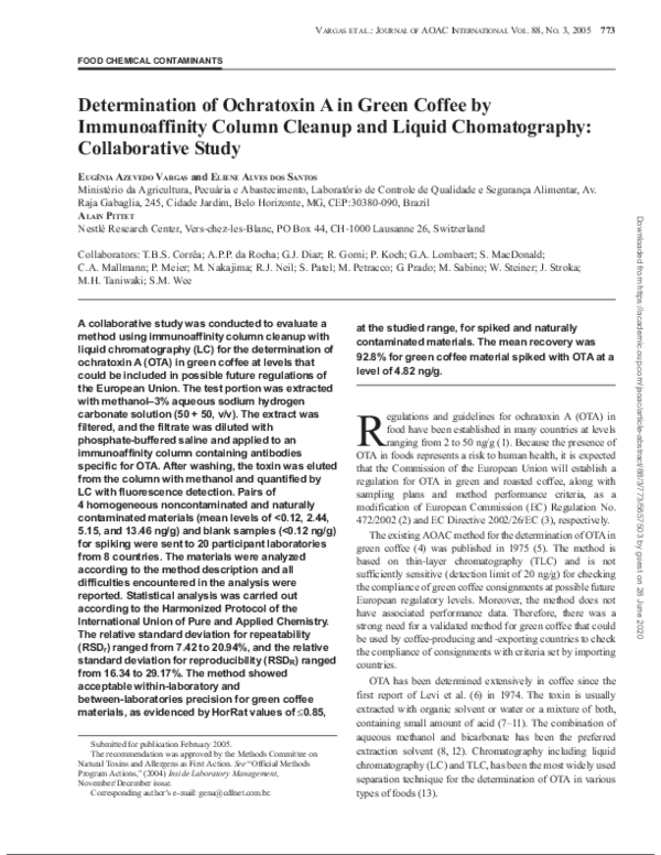 (PDF) Determination of Ochratoxin A in Green Coffee by Immunoaffinity ...